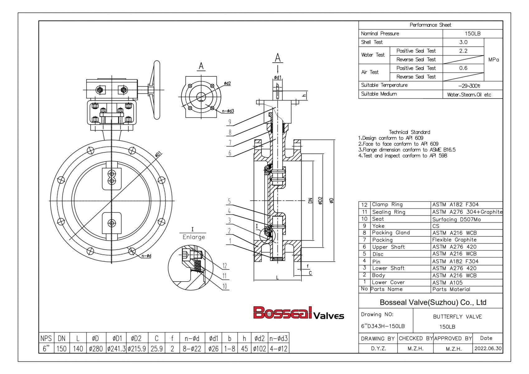 ASTM A216 WCB Triple Offset Butterfly Valve, 6 Inch, 150 LB - Bosseal ASTM A216 WCB Triple Offset Butterfly Valve, 6 Inch, 150 LB - Bosseal